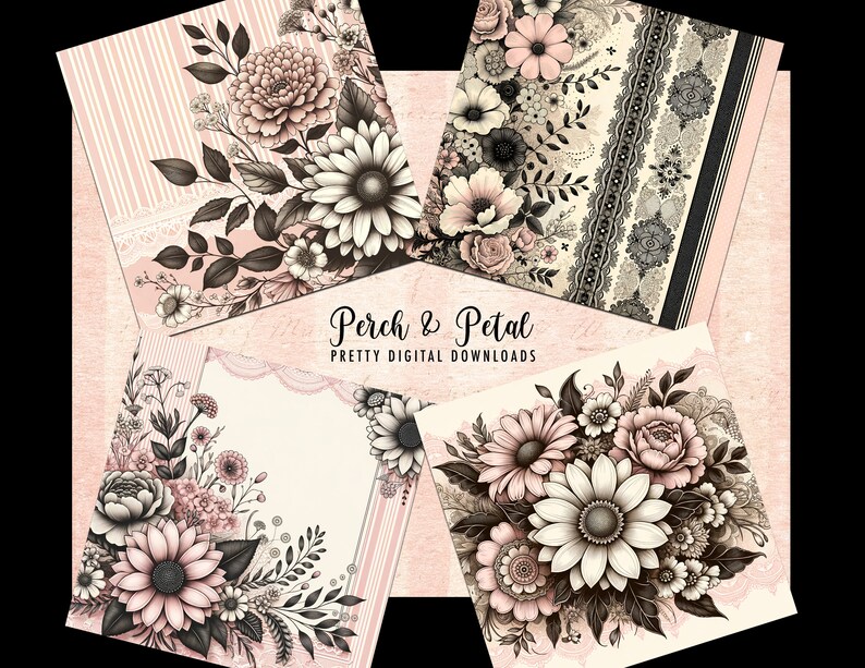 Pink and Black Vintage Floral Pretty Digital Scrapbook Paper, Instant ...