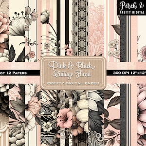 Pink and Black Vintage Floral Pretty Digital Scrapbook Paper, Instant ...