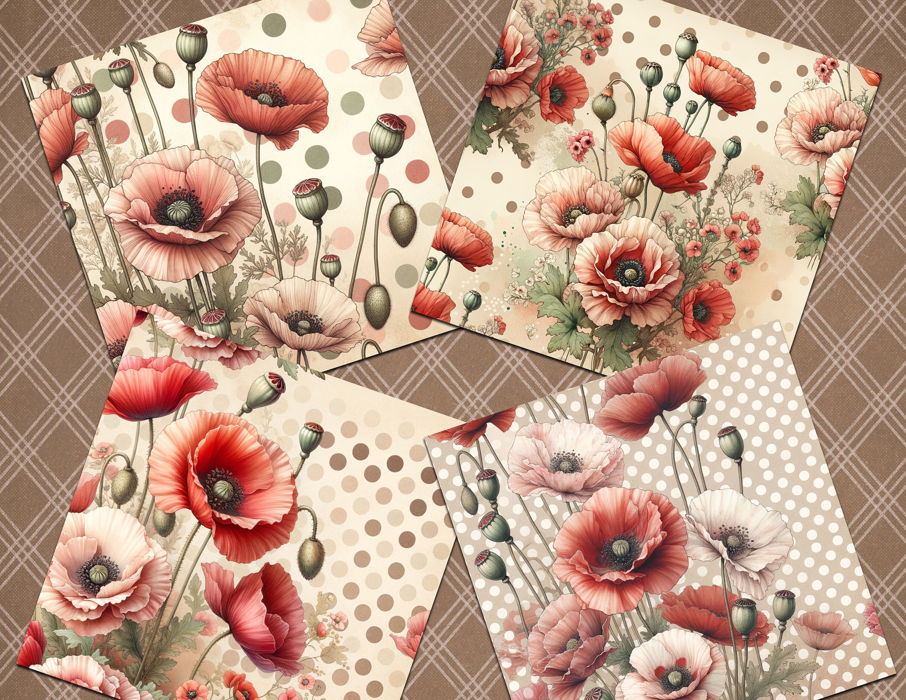 Poppies and Polkadots Pretty Digital Scrapbook Paper, Vintage Style ...