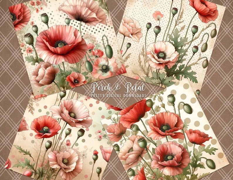 Poppies and Polkadots Pretty Digital Scrapbook Paper, Vintage Style ...