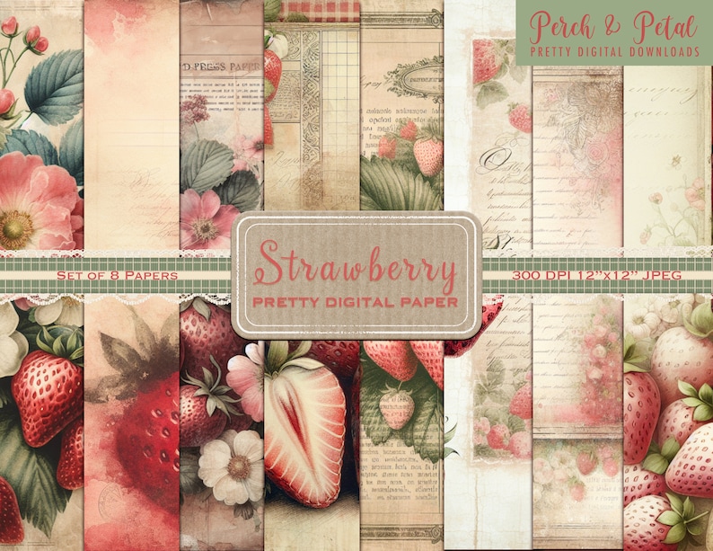 Strawberry Pretty Digital Scrapbook Paper, Vintage Style, Instant ...