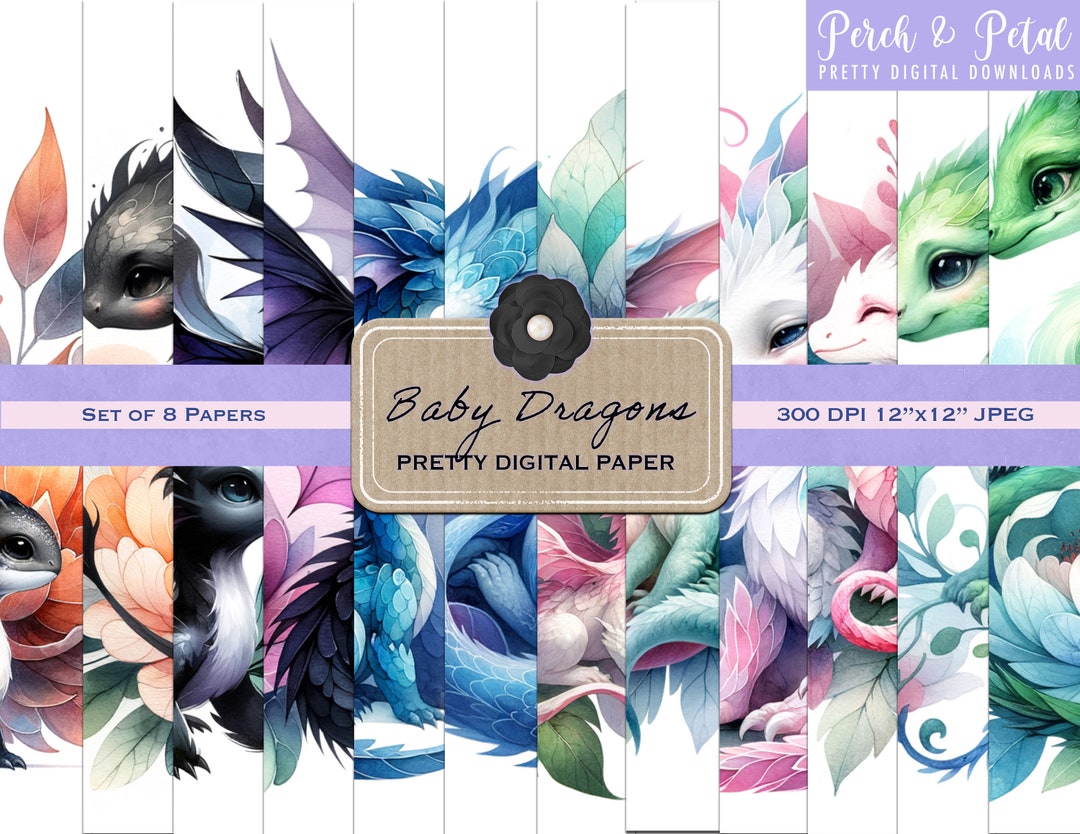 Baby Dragons Watercolor Pretty Digital Scrapbook Paper, Journals, Cards ...