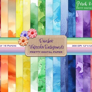 Rainbow Watercolor Backgrounds, Pretty Digital Scrapbook Paper, Instant ...