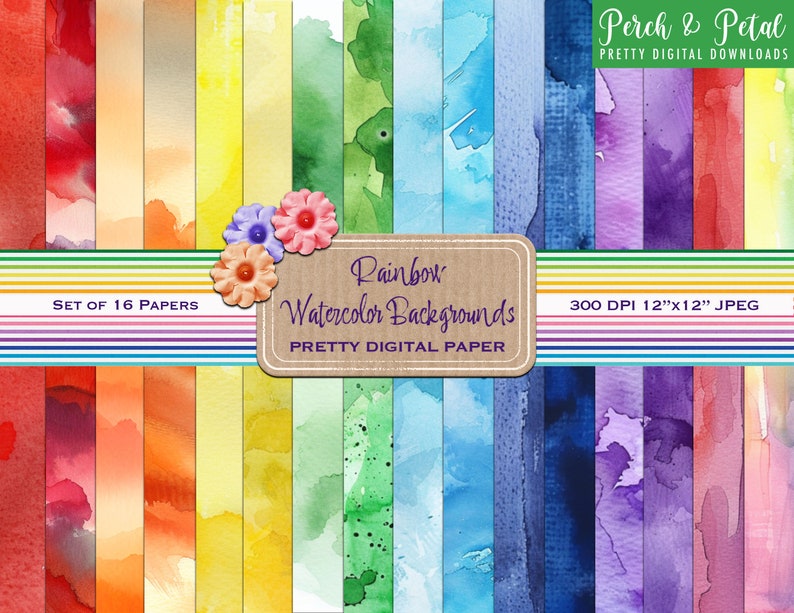 Rainbow Watercolor Backgrounds, Pretty Digital Scrapbook Paper, Instant ...