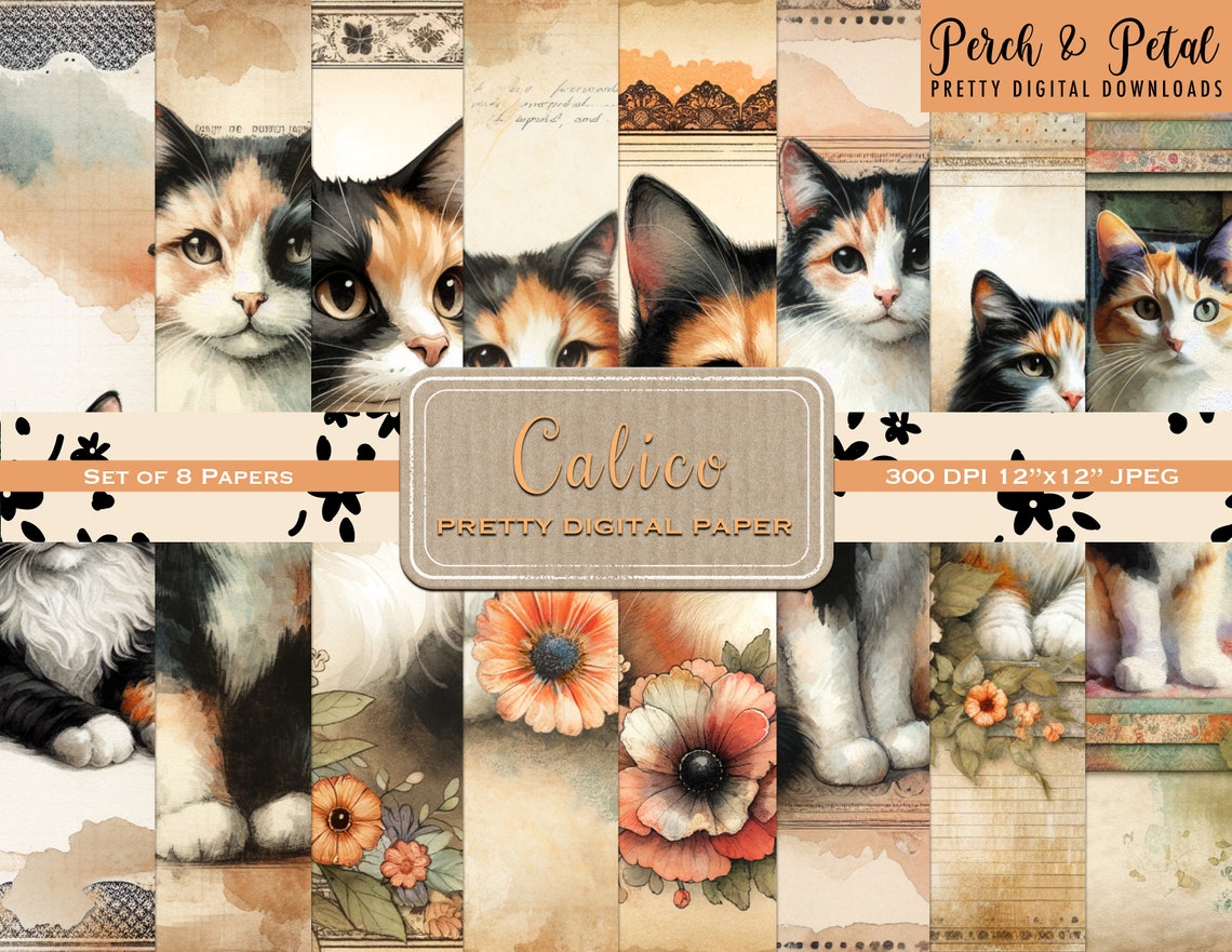 Calico Cat Pretty Digital Scrapbook Papers, Watercolor Style, Junk ...