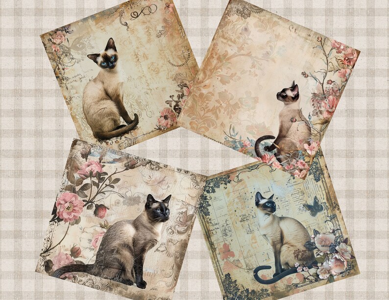 Siamese Cat Pretty Digital Scrapbook Paper, Vintage Style, Instant ...