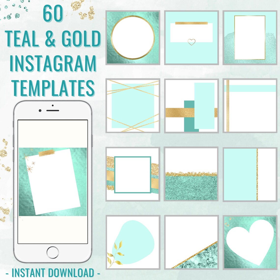 60 Blank Instagram Templates for Posts Mint, Teal and Gold Theme ...