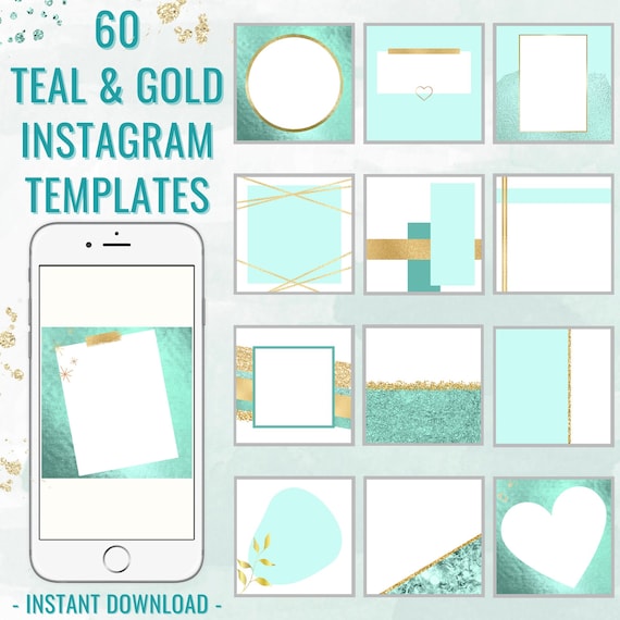 60 Blank Instagram Templates for Posts Mint Teal and Gold | Etsy
