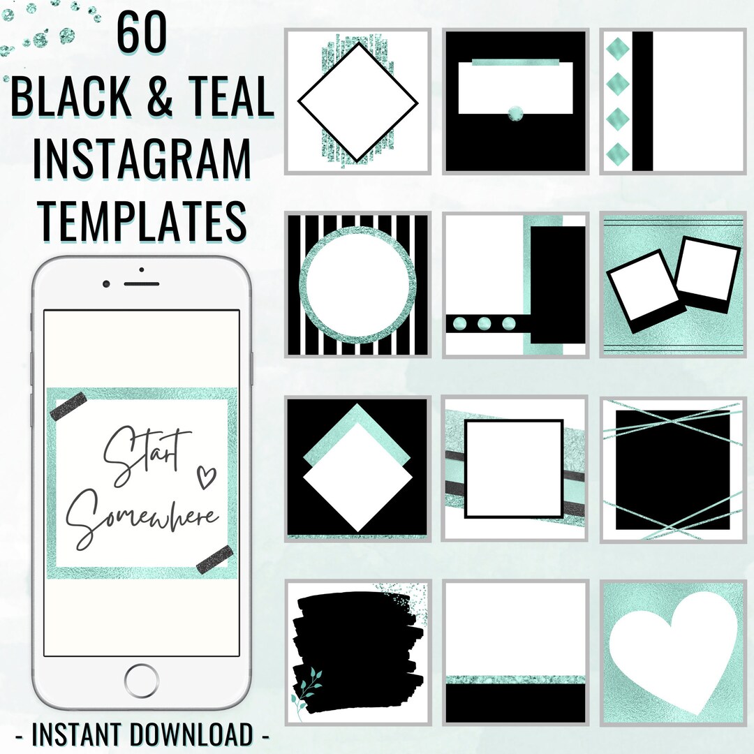 60 Blank Instagram Templates for Posts Black and Teal Theme - Etsy Ireland