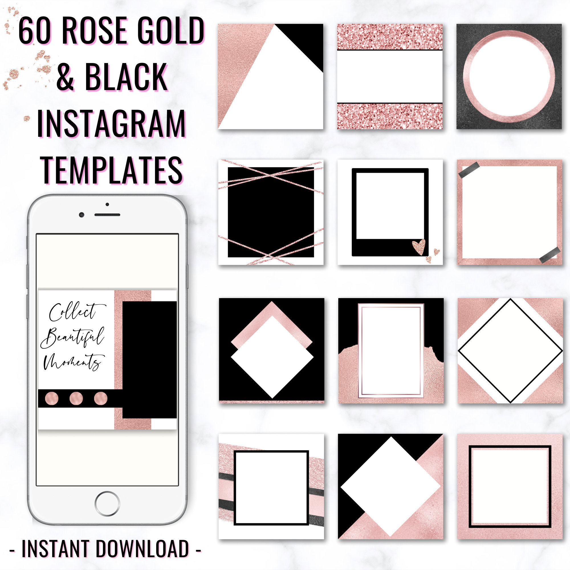 60 Blank Instagram Templates for Posts - Rose Gold and Black Theme ...
