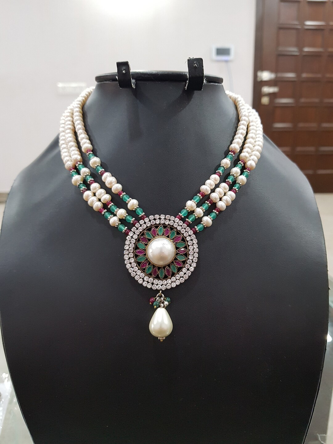 Red and Green Pearl Maala Vintage Victorian Necklace/ - Etsy