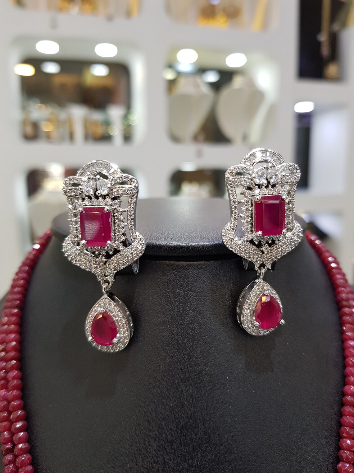 Ruby and Pearls Long CZ Ruby Necklace Setcubic Zirconia - Etsy