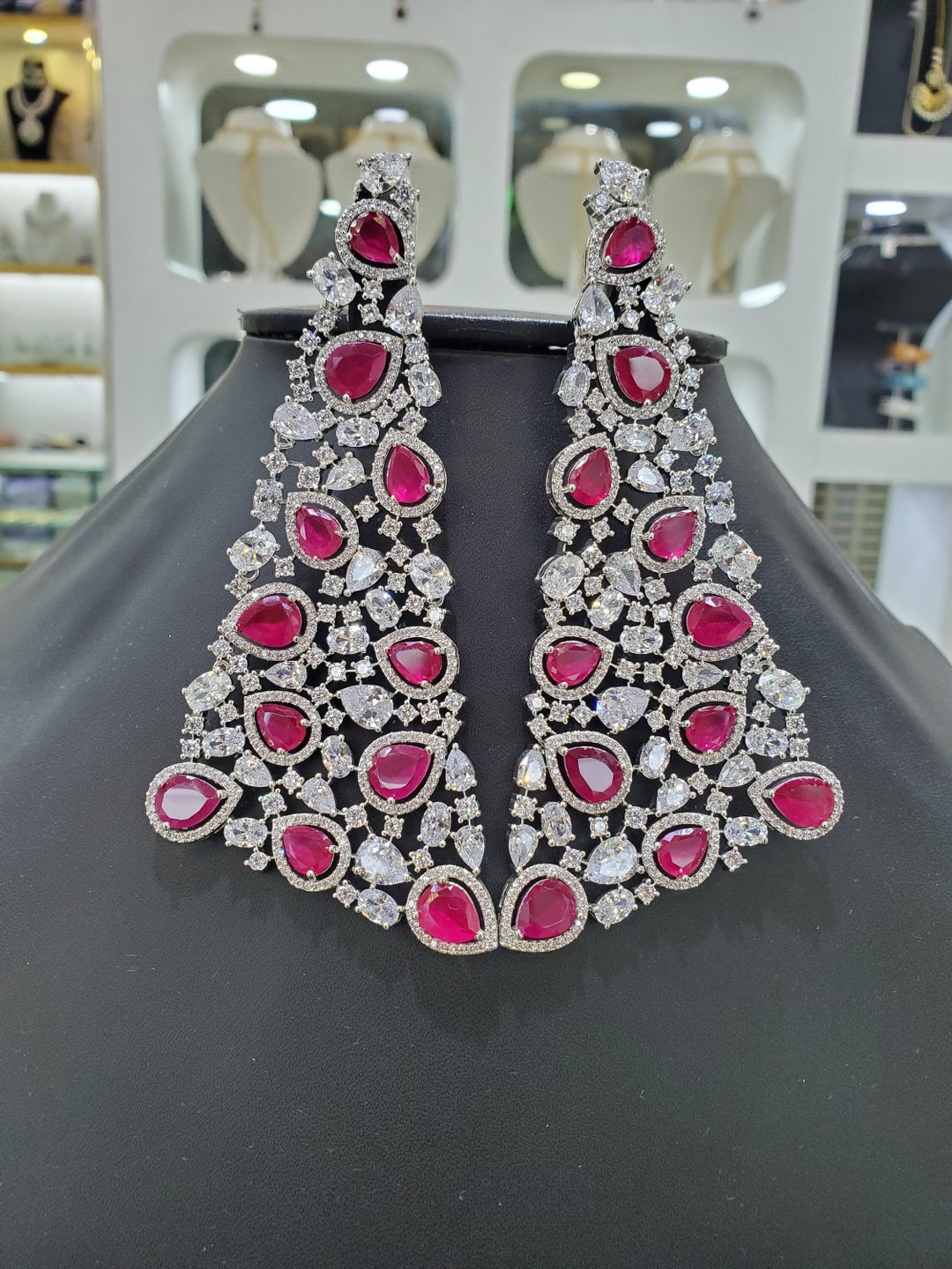 Ruby Cz Diamond Dangles Chandelier Earrings, Indian Jewelry, Statement ...