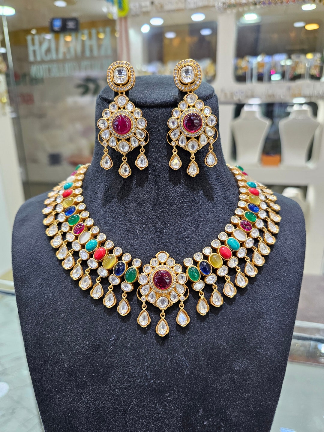 Uncut Navaratna Sabyasachi Kundan Polki Choker Necklace &earrings,sabyasachi Jewelry,indian ...