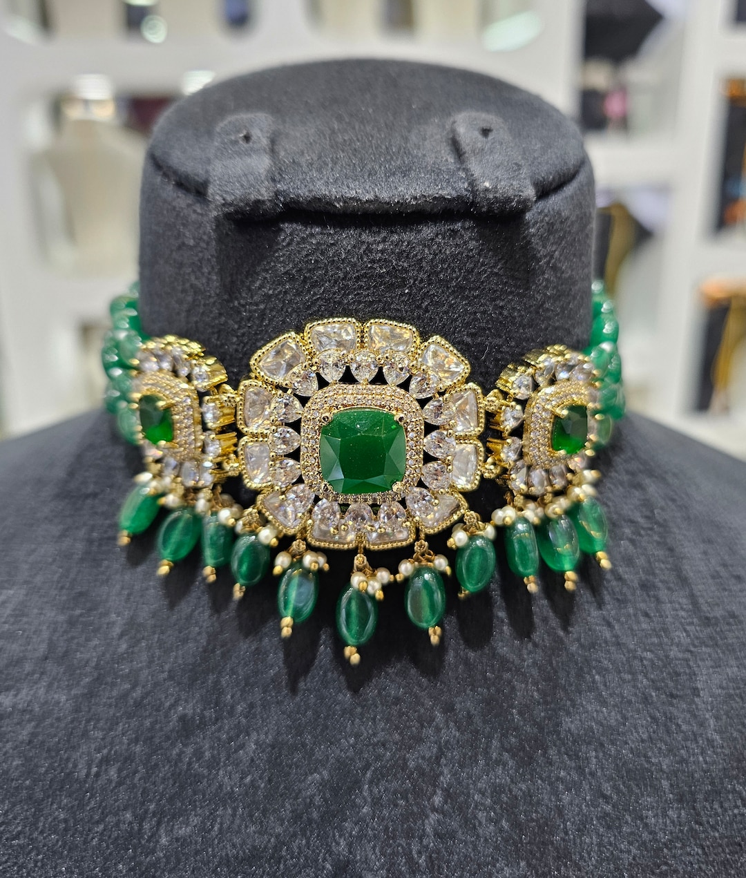 Statement Victorian Zambian Emerald Sabyasachi Kundan Uncut Polki Choker Necklace With Earrings ...