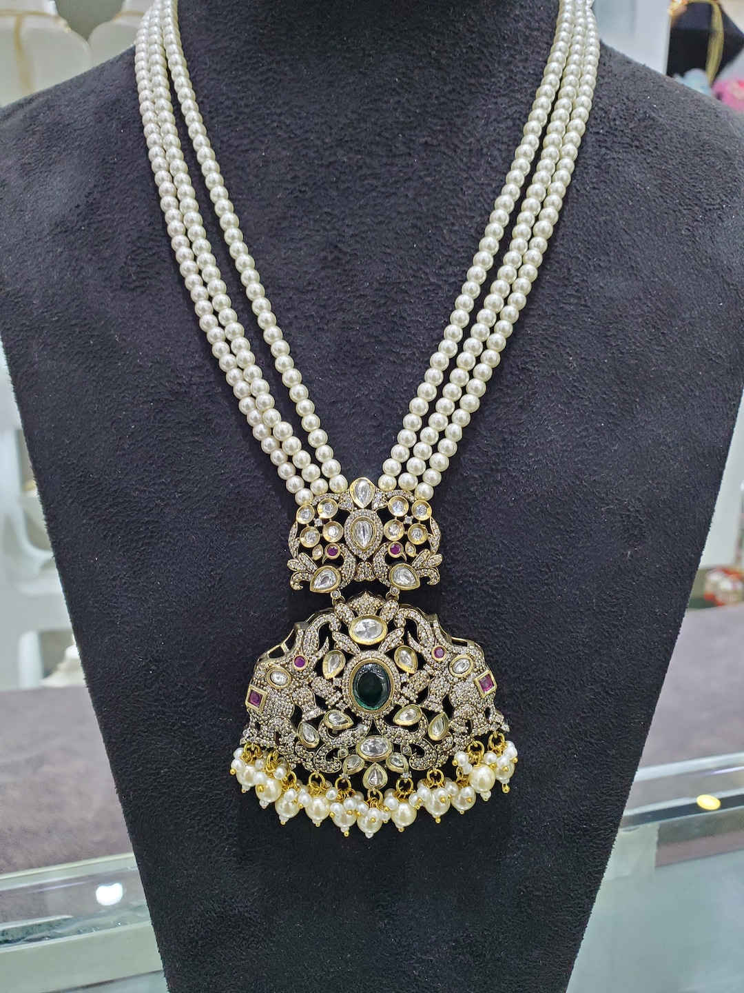 Oxidised Temple Kundan Victorian Polki Pearls Long Necklace With ...