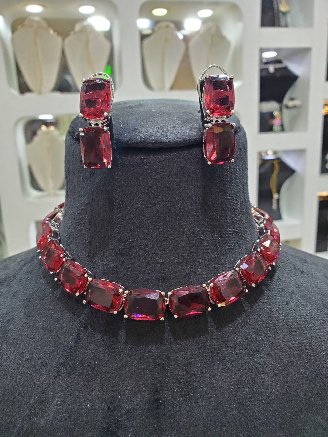 Classy Ruby Red Stones Diamond Cz String Choker Necklace and Earrings,bridal Jewelry,diamond ...