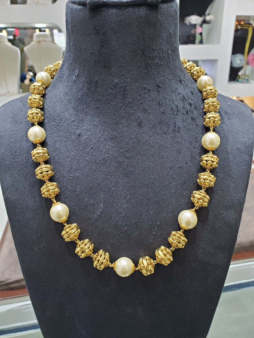 Long Gold Plated Maala Temple Jewelry/ Pearl Necklace/ South Indian ...