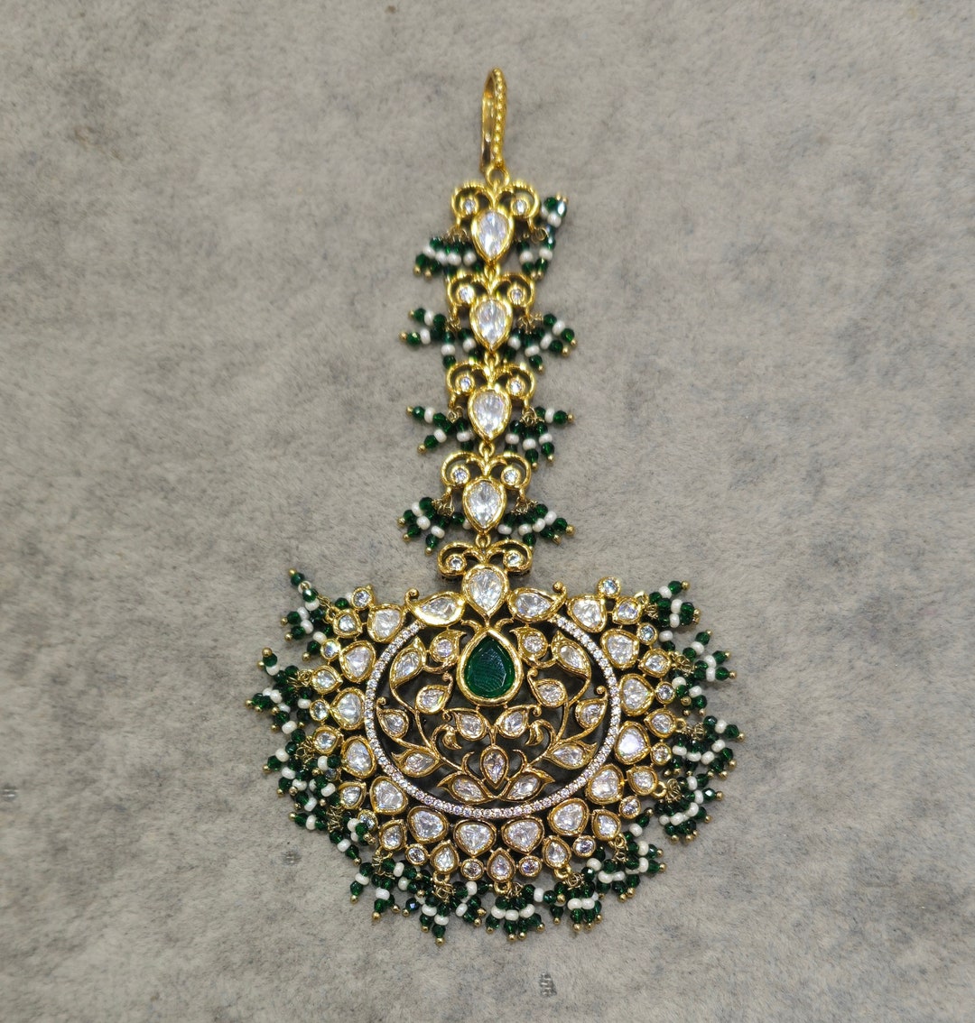Emerald Green Victorian Kundan Polki Maang Tikka sabyasachi Jewelry ...