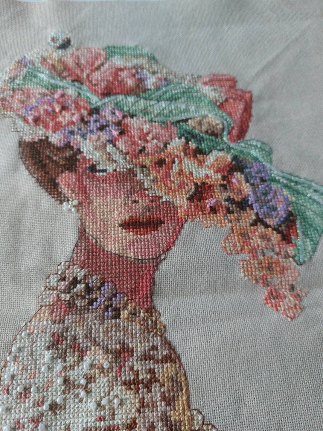 Completed Cross Stitch - Lady With Hat - Etsy