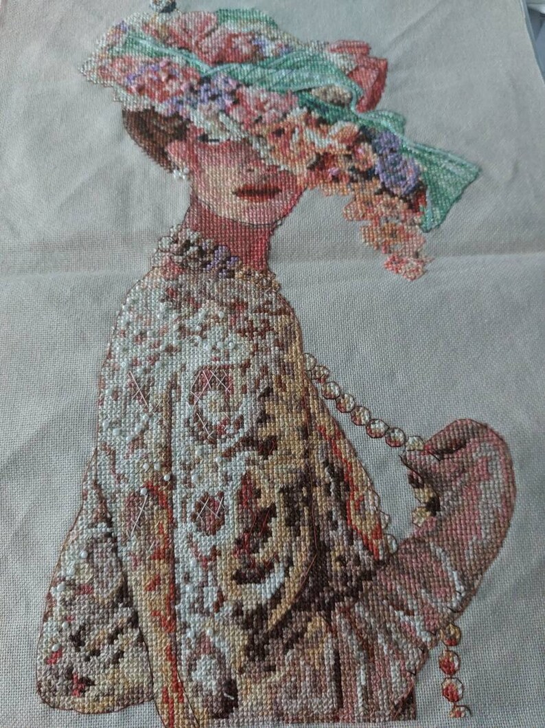 Completed Cross Stitch Lady With Hat - Etsy