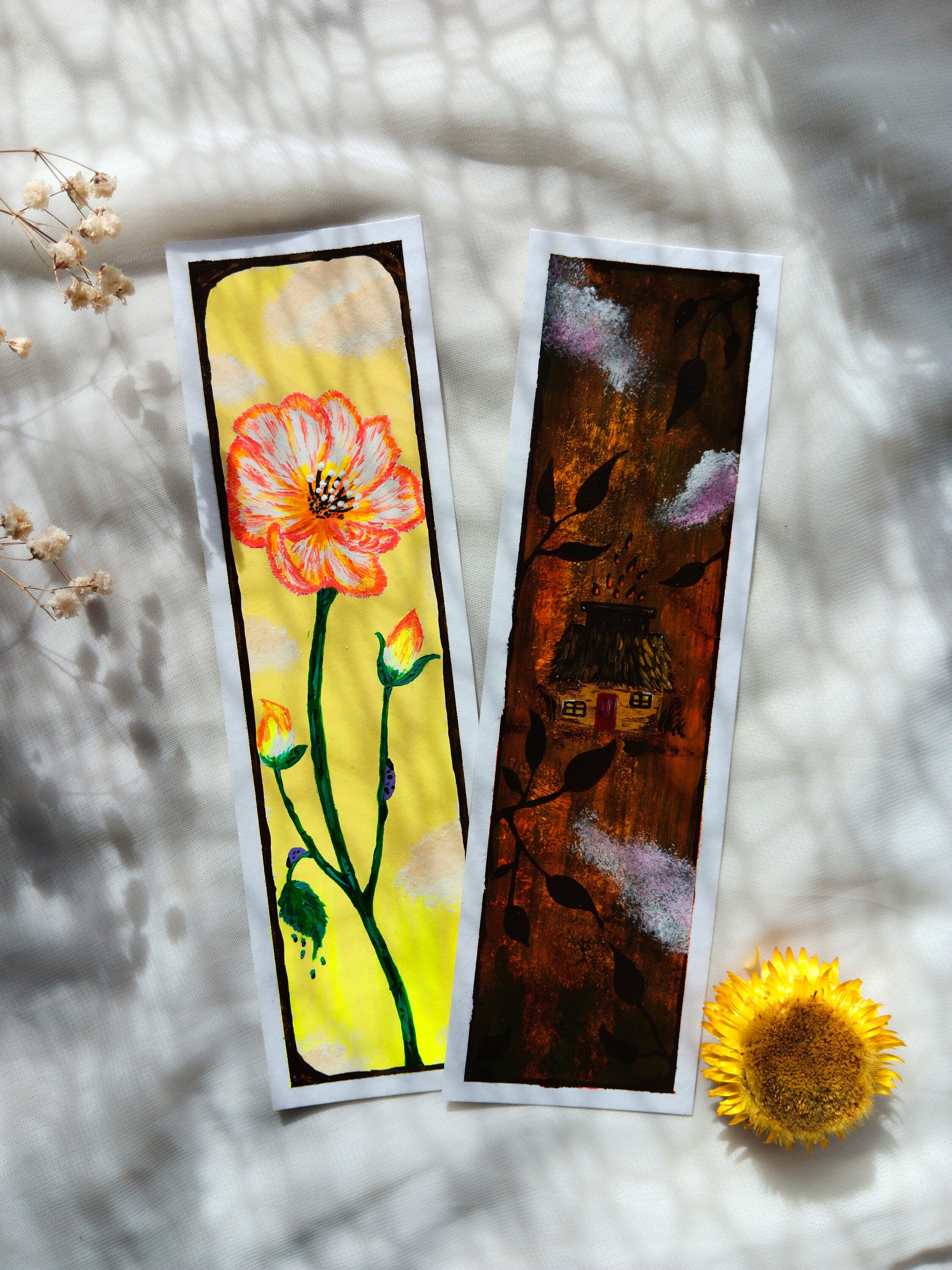 Set of Two Hand-painted Bookmarks 'house and Flowers in the Clouds ...