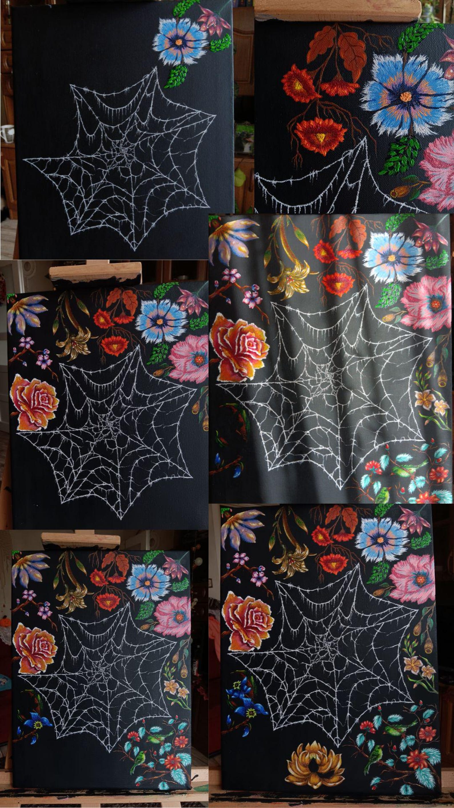 Original Hand-painted Acrylic Painting With Flowers and Spider Web ...