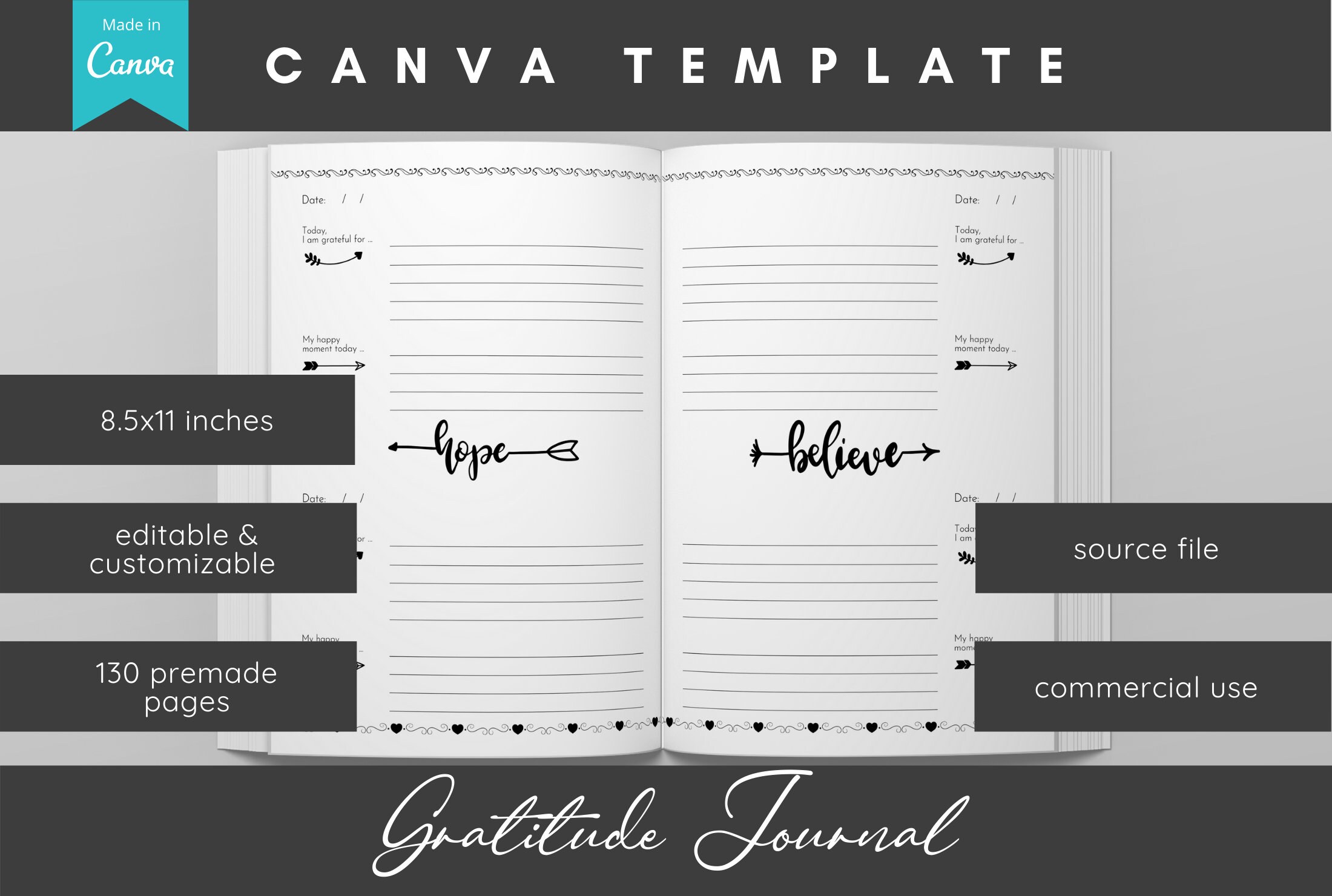 Gratitude Journal Canva Editable Template 8.5x11 Inches 130 Total Pages ...