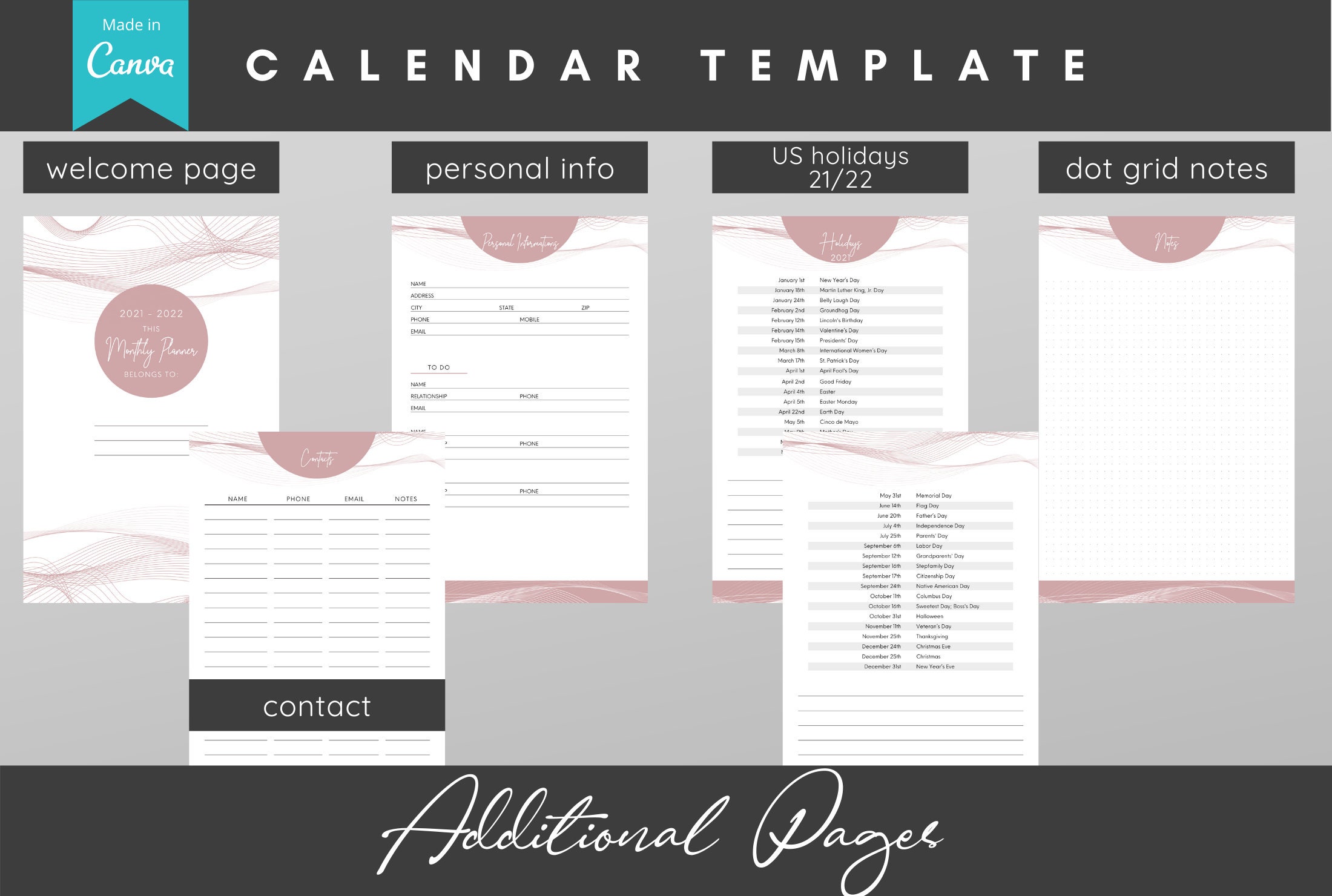 Calendar Planner Template Elegant Pink Design Weekly & - Etsy