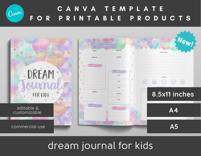 Editable Kids Dream Journal Canva Template for Printable Products US ...