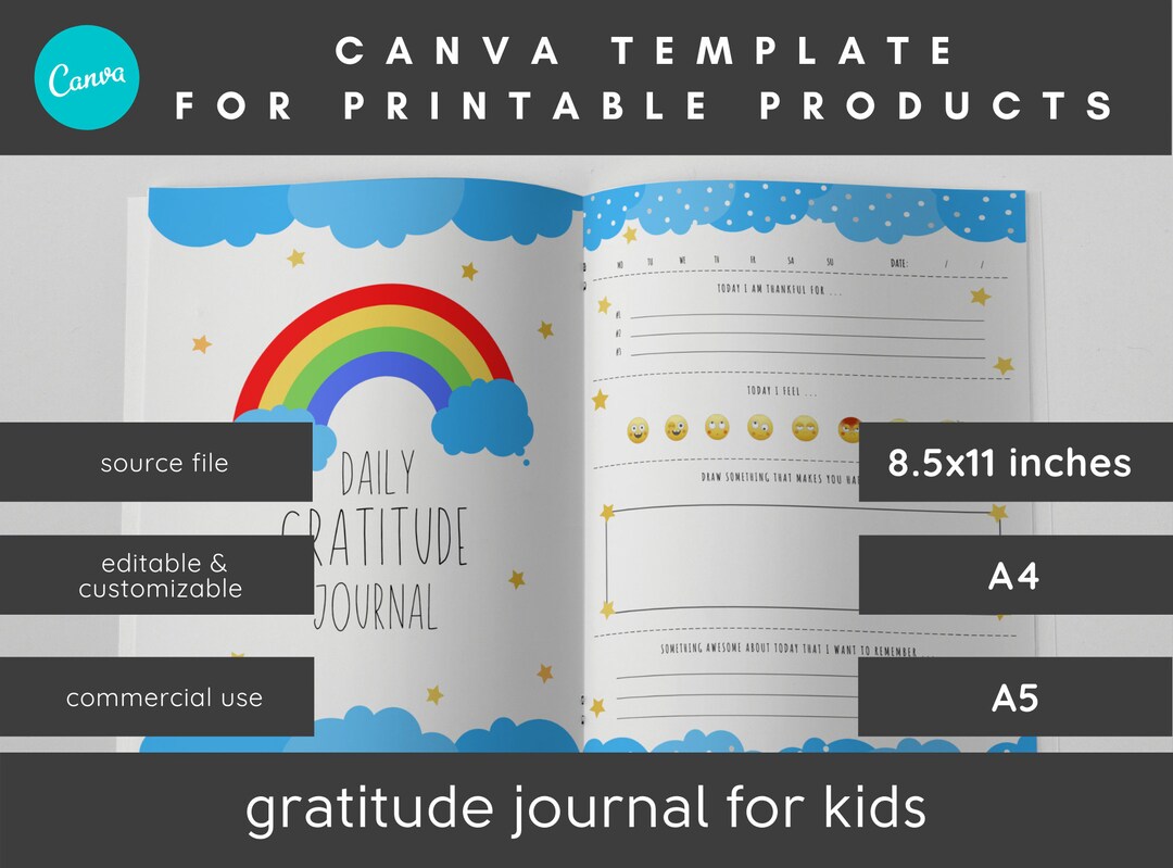 Editable Kids Gratitude Journal Canva Template for Printable Products ...