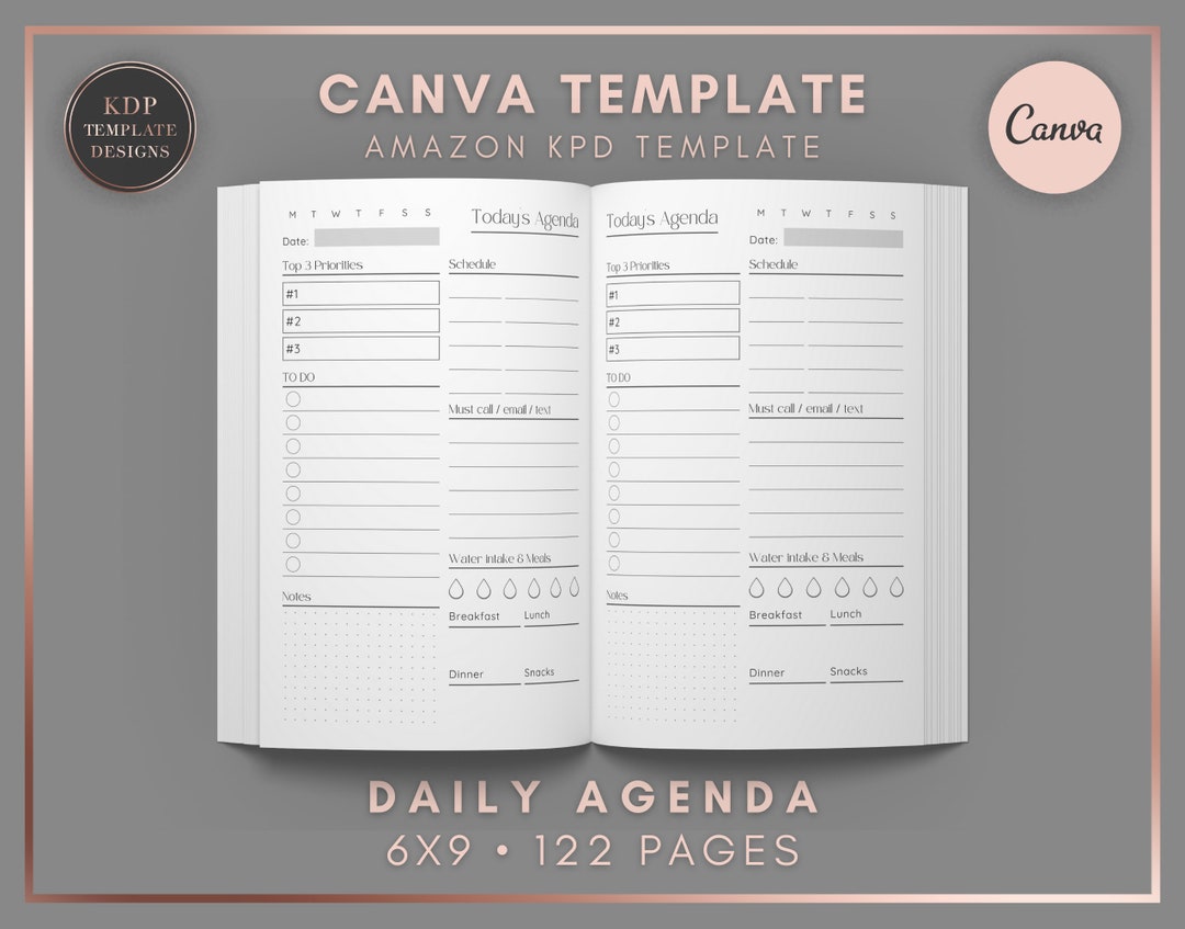 Daily Agenda CANVA Template Editable & Customizable 6x9 Inches with ...