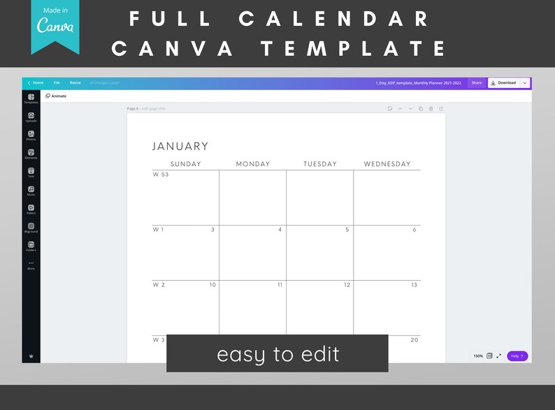 Canva Full Calendar Template 8.5x11 in Monthly Planner | Etsy