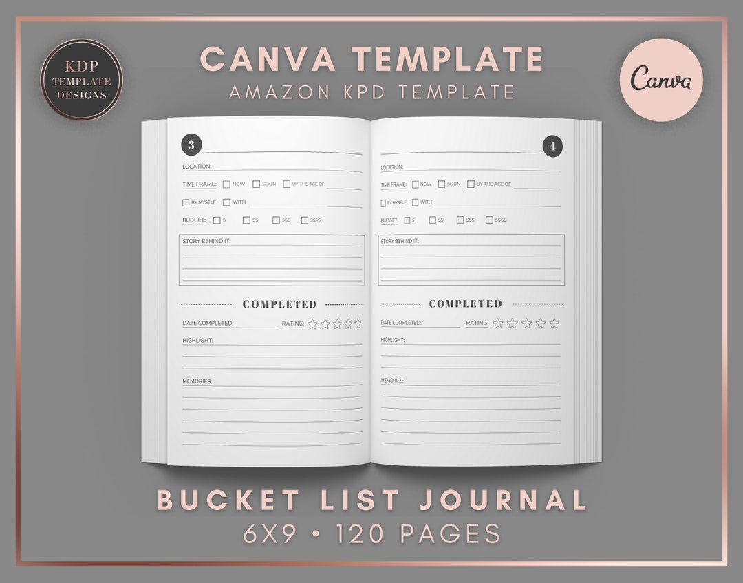 Bucket List Journal CANVA Template Editable & Customizable 6x9 Inches ...