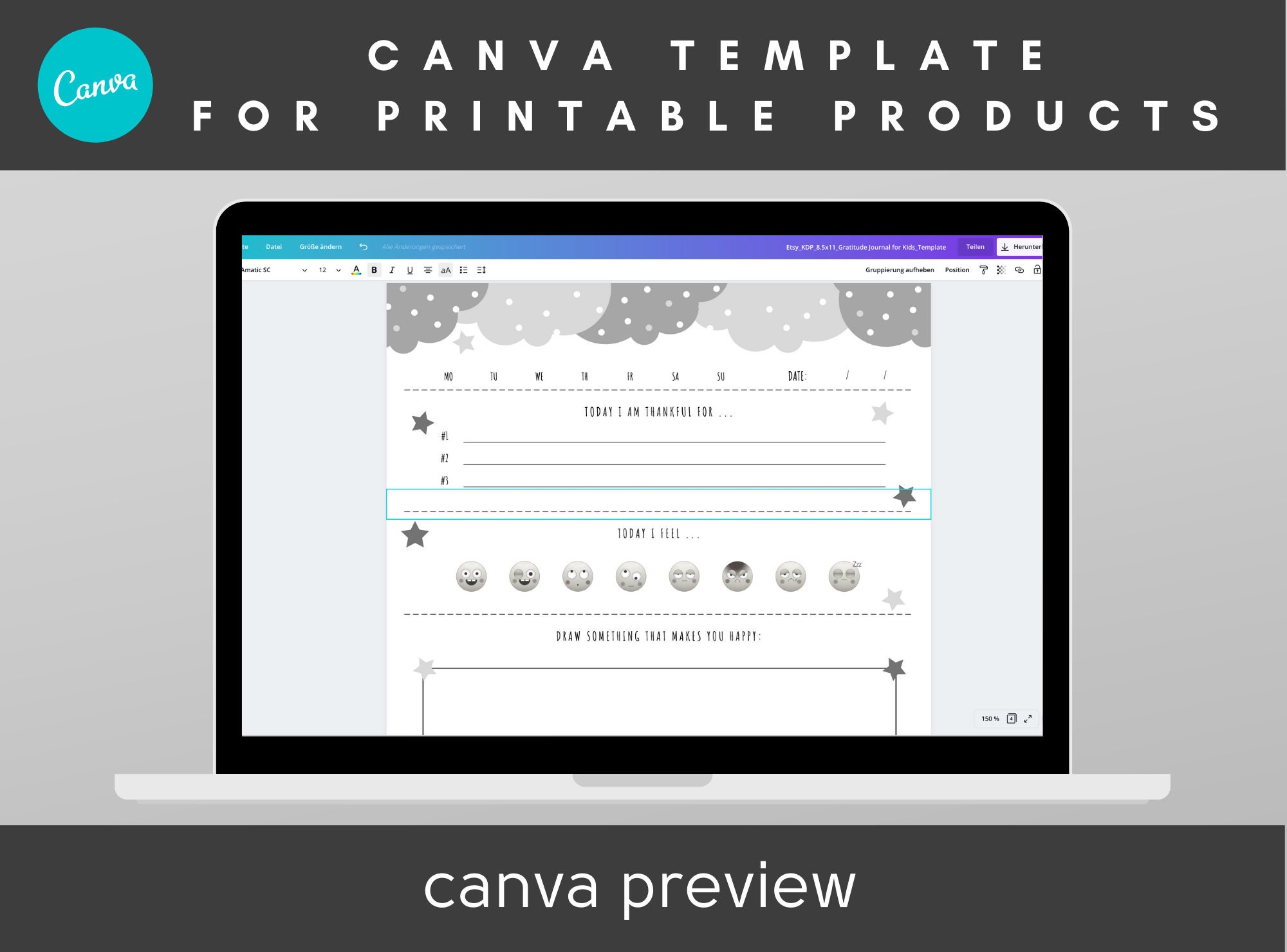 Editable Kids Gratitude Journal Canva Template for Printable Products ...