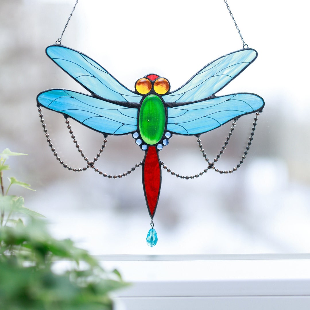 Stained Glass Dragonfly Window Hanging, Elegant Handmade Dragonfly ...