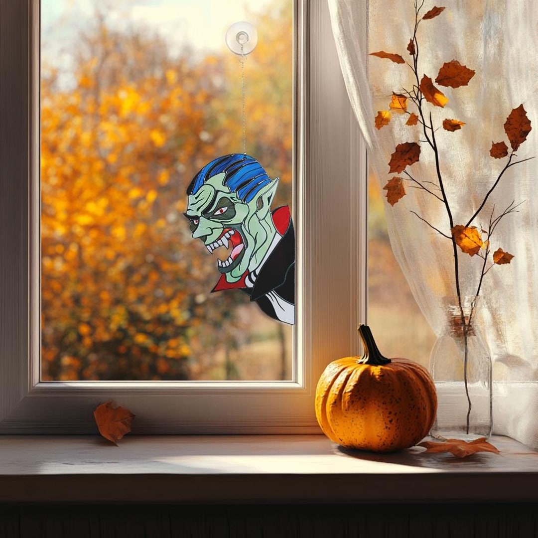 Peeking Vampire Stained Glass Window Hanging, Unique Halloween Home ...