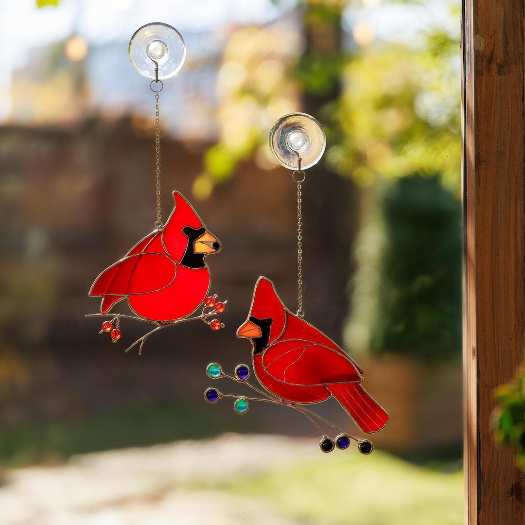 Stained Glass Red Cardinal Couple Suncatcher, Thank You Gift for Bird ...