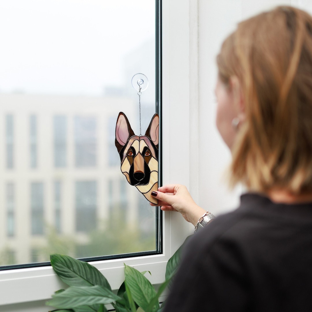 Shepherd Stained Glass Window Hangings, Peeking Dog Suncatcher ...