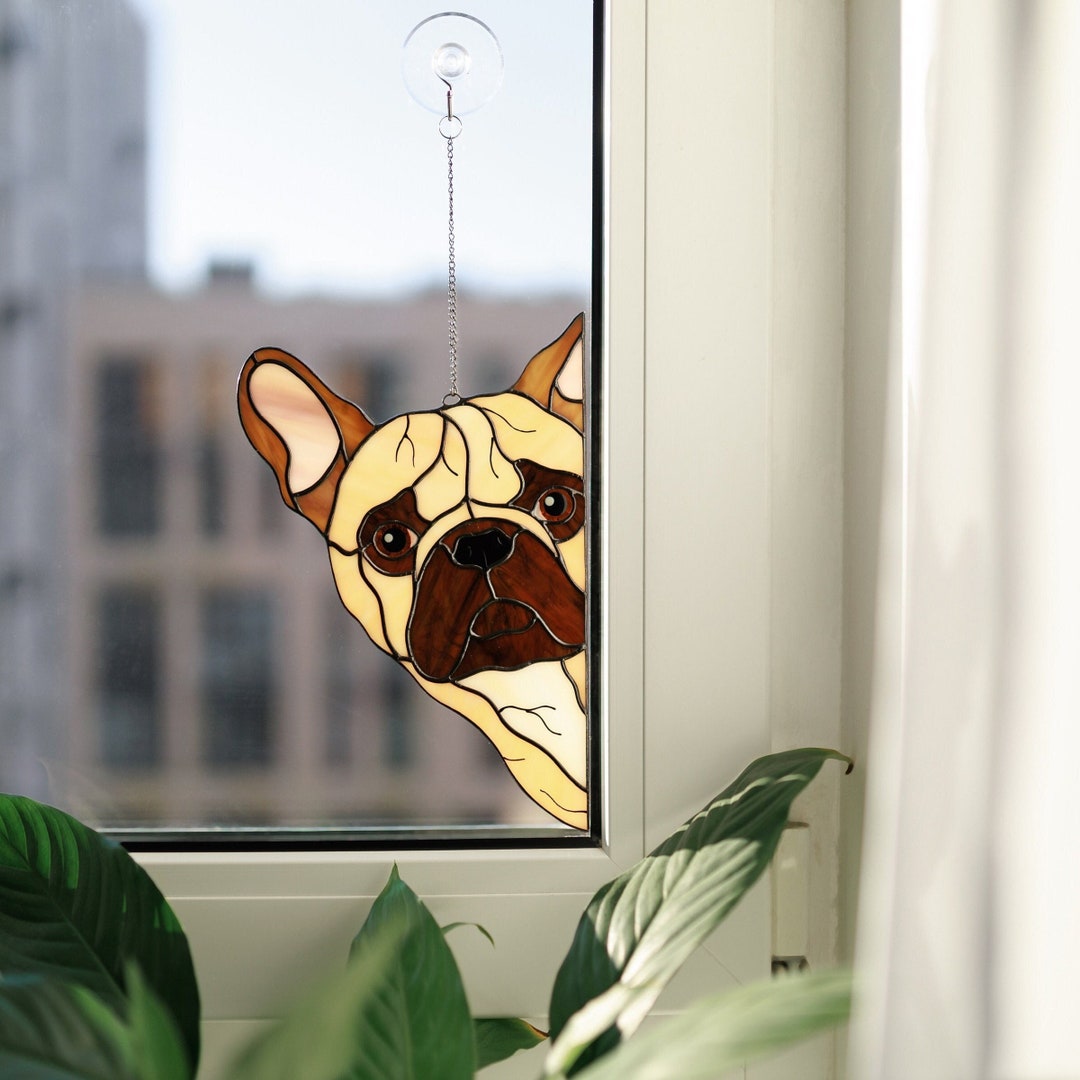 Stained Glass French Bulldog Gift, Personalized Dog Suncatcher, Peeking ...