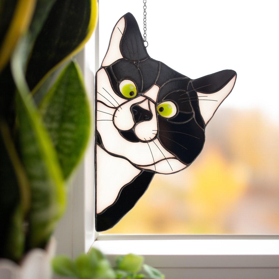Peeking Cat Glass Stain Window Suncatcher Art Black Cat Lover Gift ...