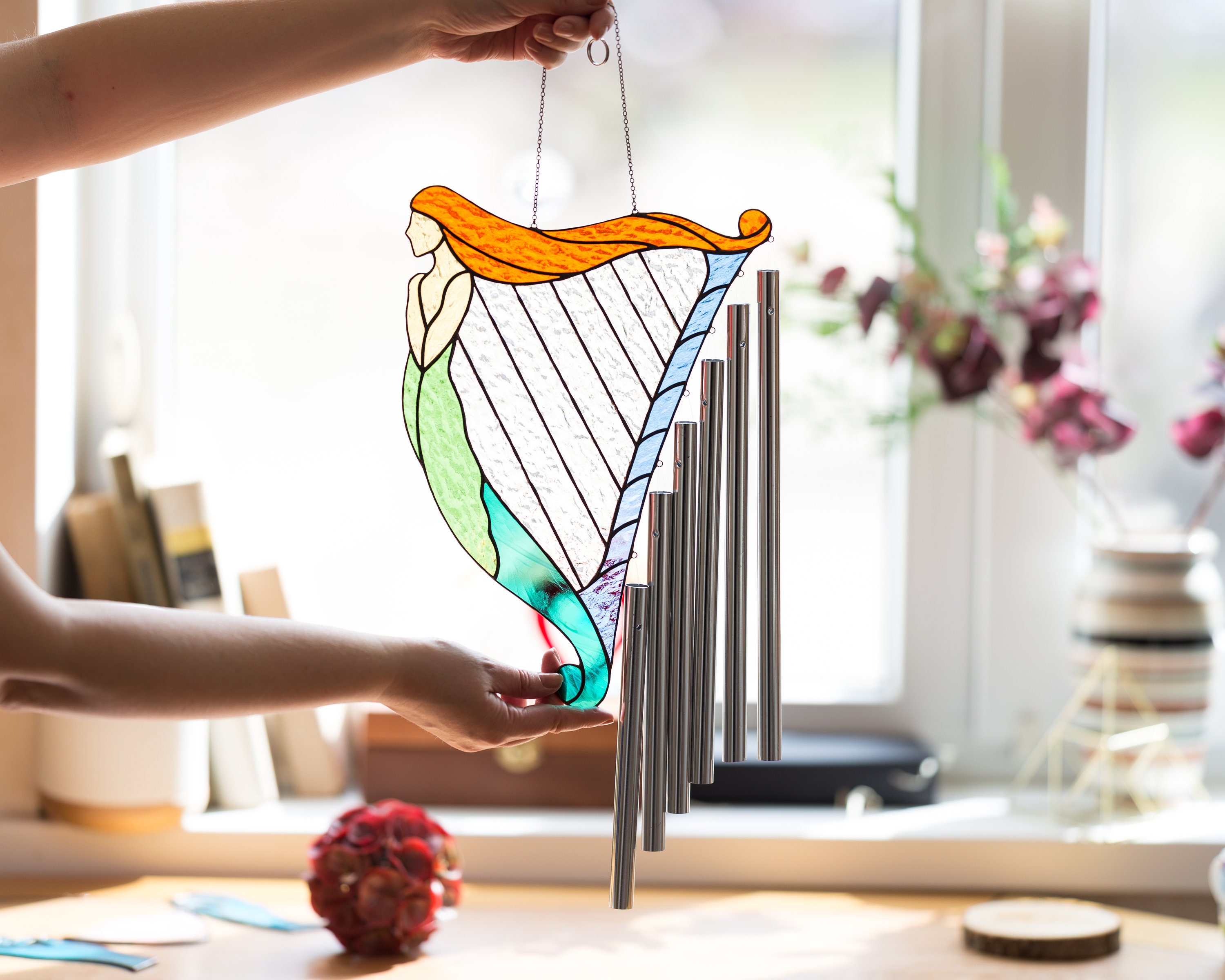 Wind Chimes Outdoor & Gardening Stained glass Wind Chimes Harp with ...