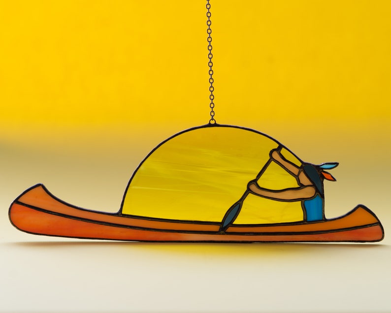 Stained Glass Window Hangings American Indian On Canoe Etsy