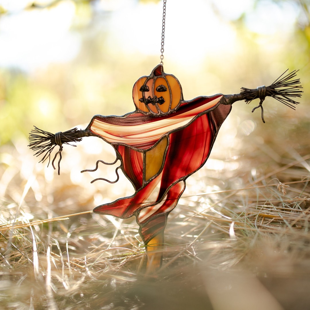 Halloween Stained Glass Scarecrow Pumpkin Decor Scary Halloween ...