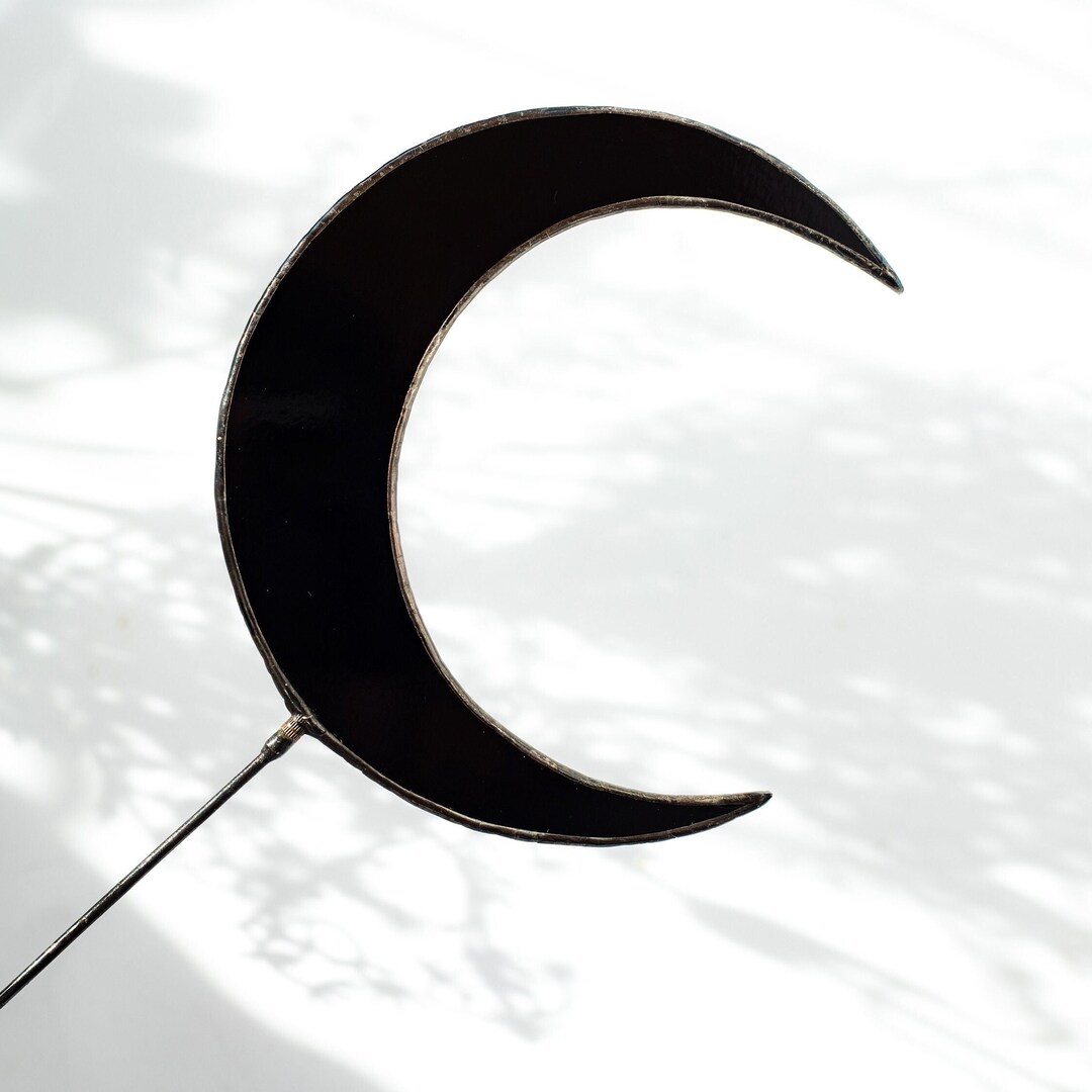 Crescent Moon Plant Stake, Black Stained Glass Moon Garden Stake ...