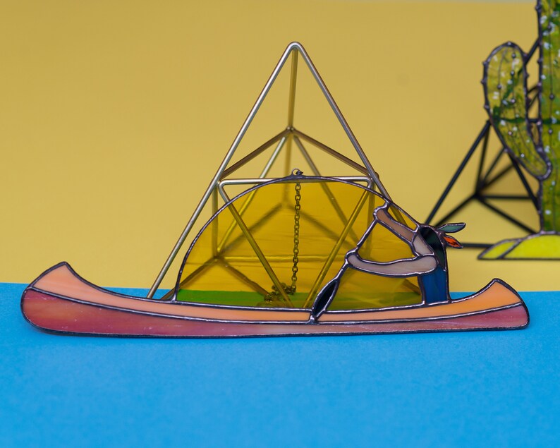 Stained glass window hangings American Indian on Canoe | Etsy