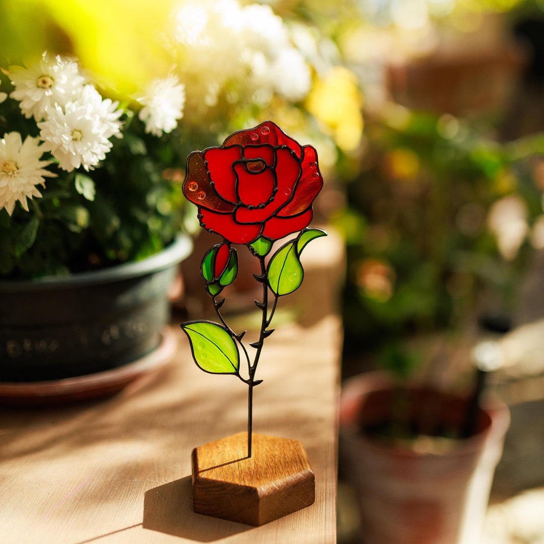 Red Rose Stained Glass Flower, 10th Anniversary Gift for Her, Gift for ...