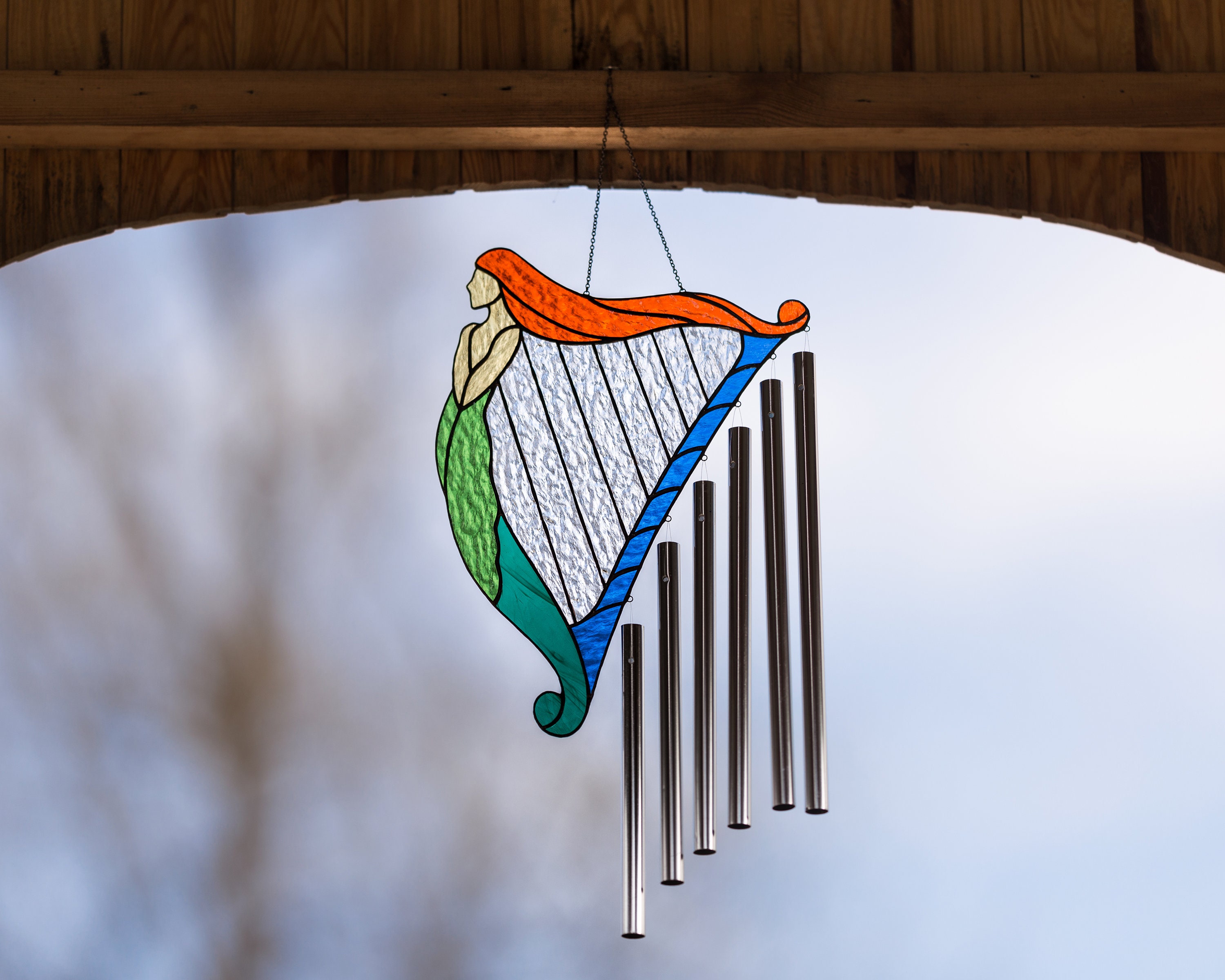 Wind Chimes Outdoor & Gardening Stained glass Wind Chimes Harp with ...