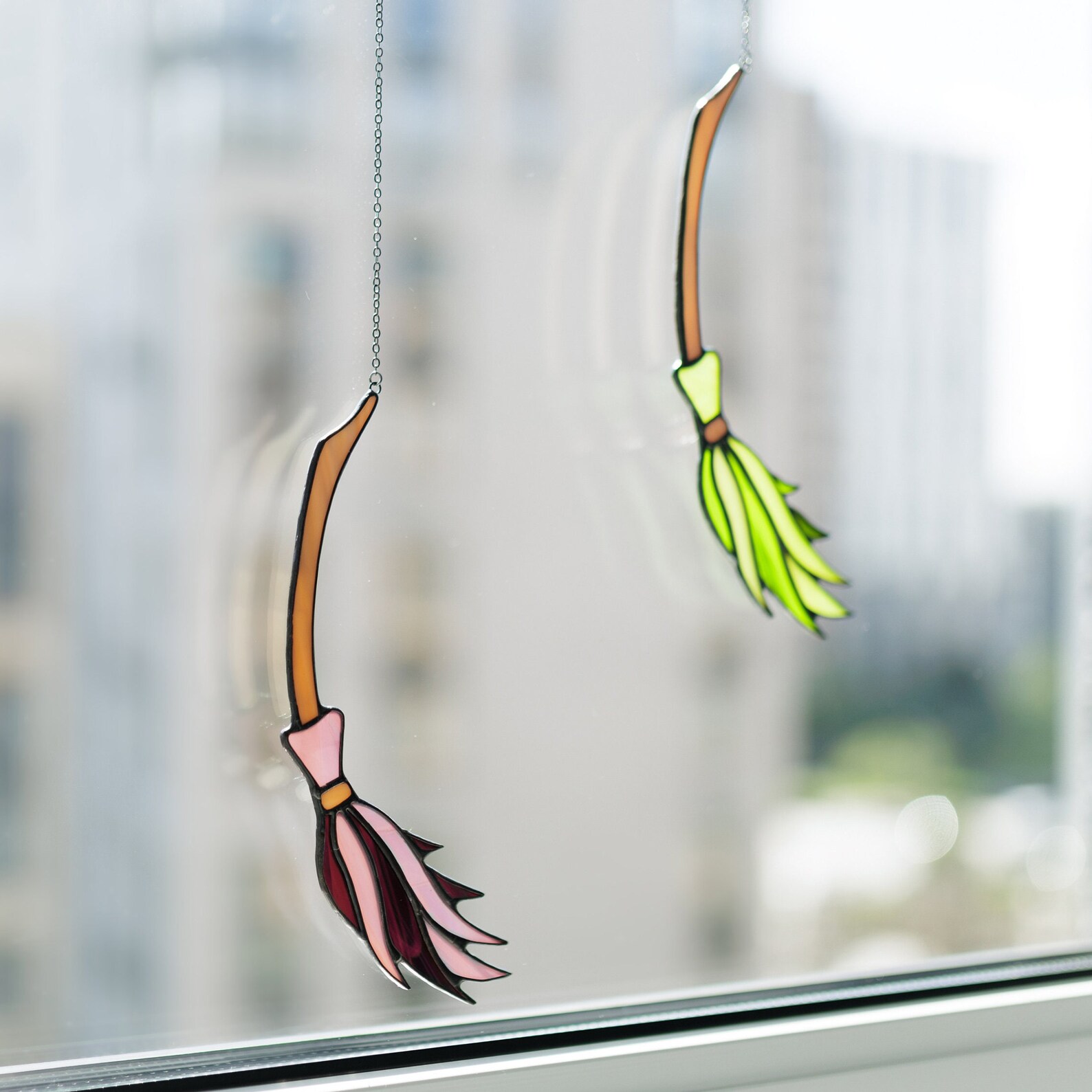 Stained Glass Witch Broom Suncatcher, Halloween Window Hanging Decor - Etsy
