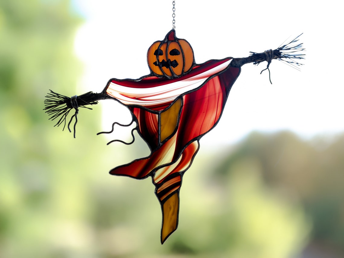 Halloween stained glass Scarecrow pumpkin decor Scary | Etsy
